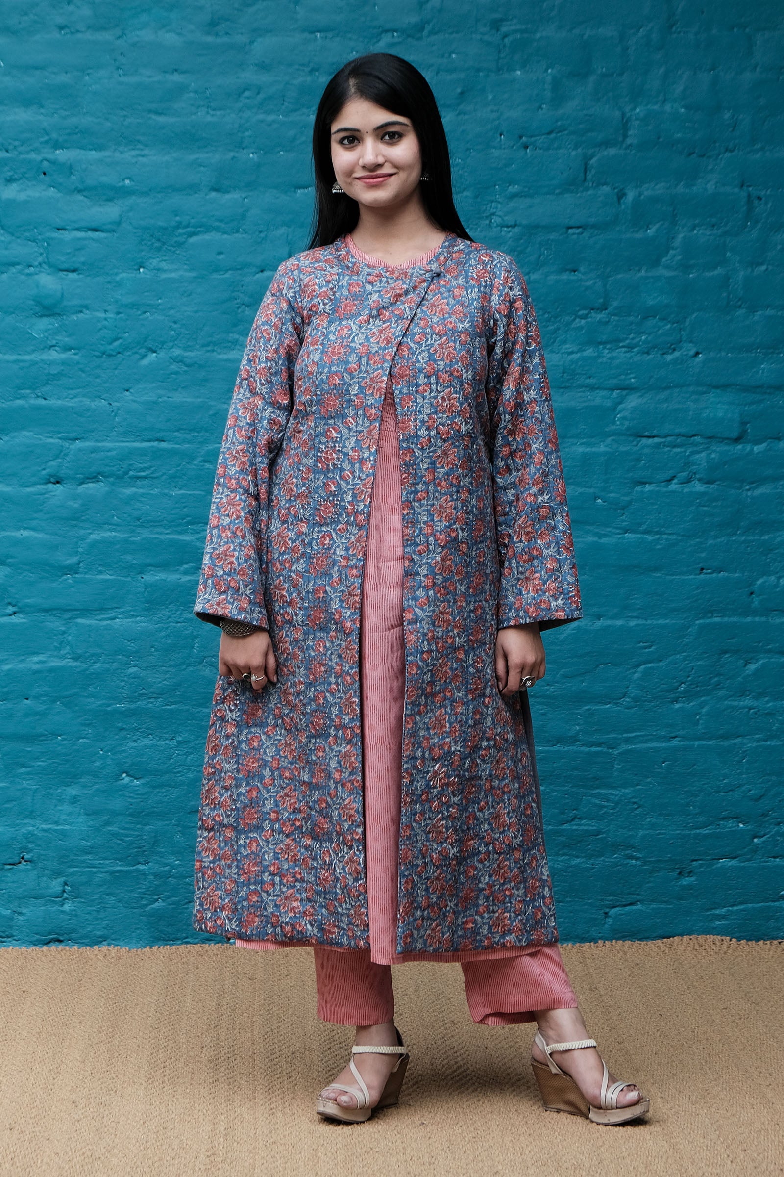 Buy Blue Quilted Long Jacket Online | Dharan Clothing